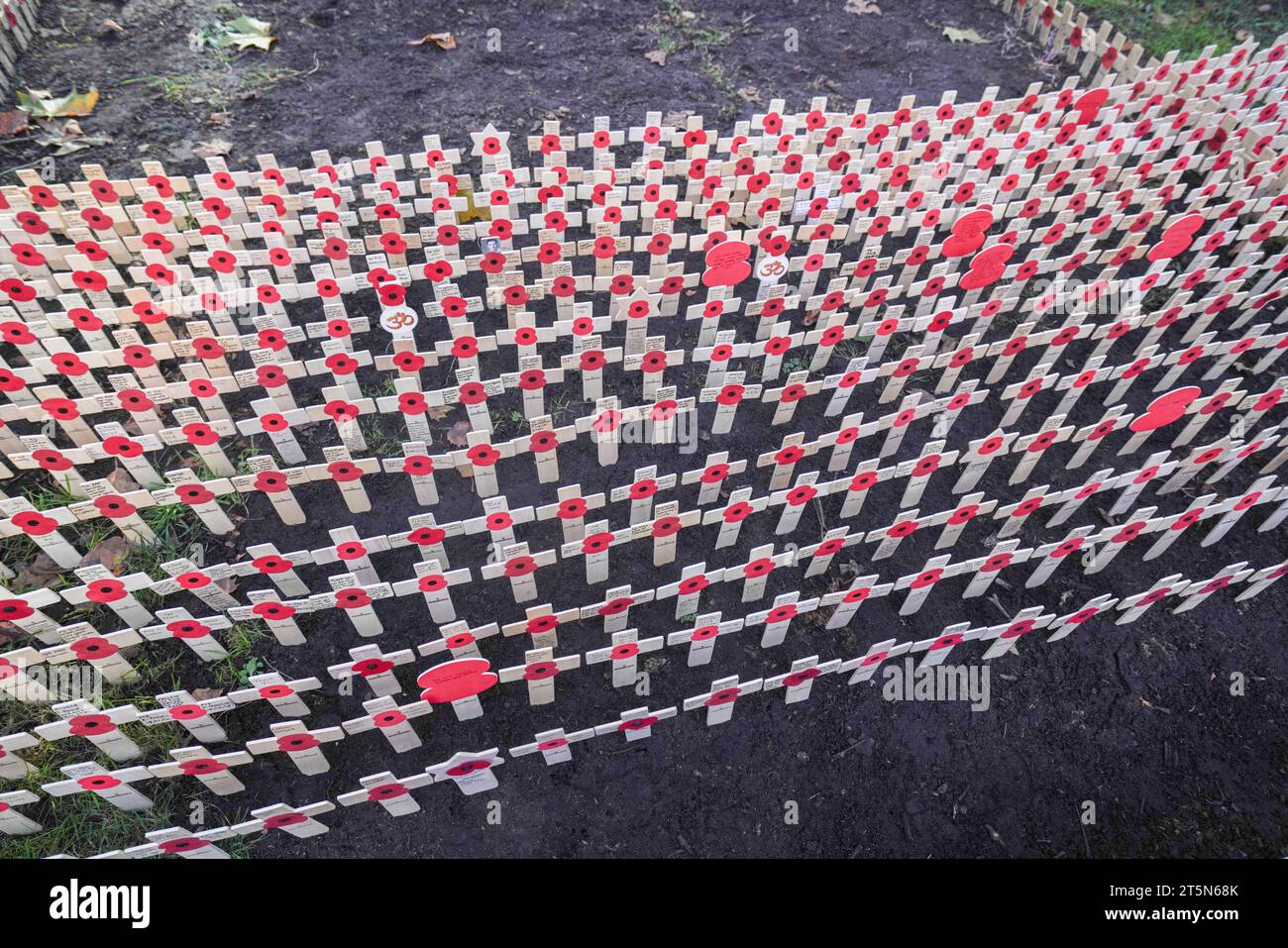 London, UK. 6 November 2023. Remembrance crosses with poppies are ...