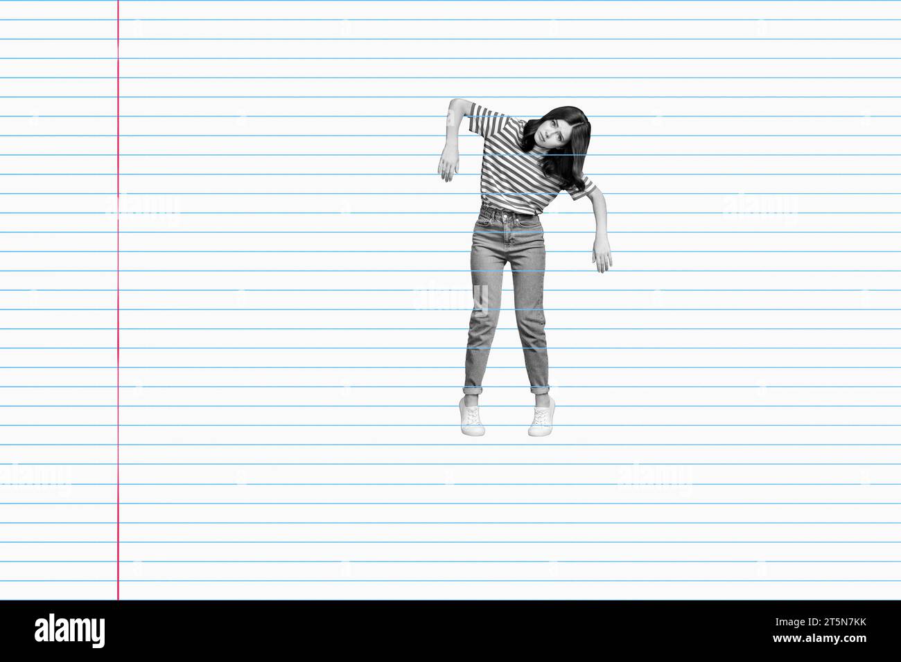 Collage image of funny young woman trapped between copybook lines page ...