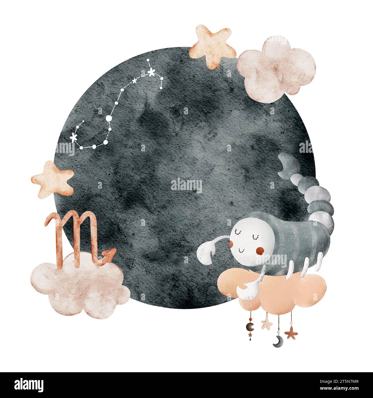 Watercolor children's composition with zodiac sign Scorpio, cloud ...