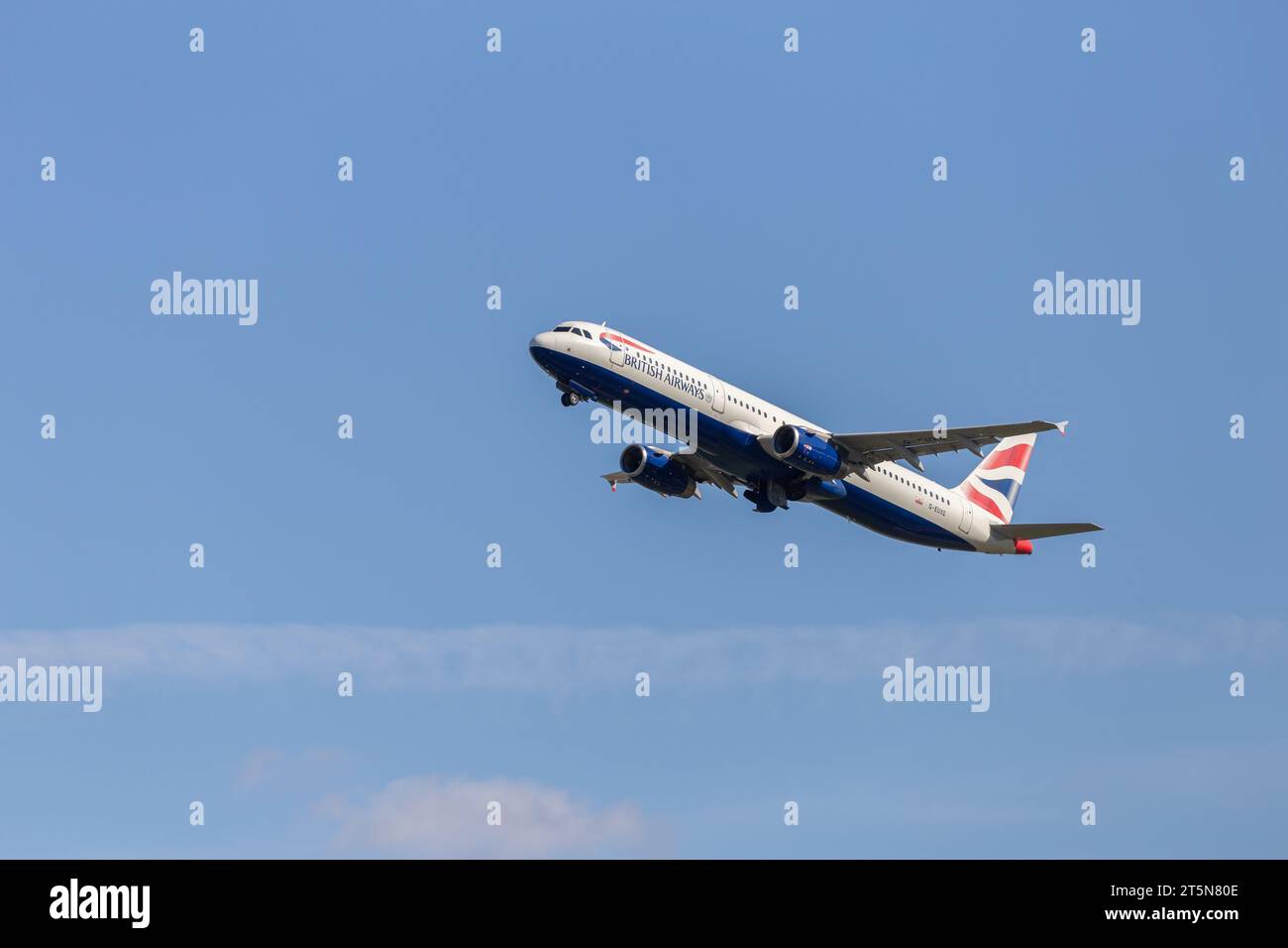 British Airways Airbus A321-231, registration G-EUXG departing west from London Heathrow airport ...