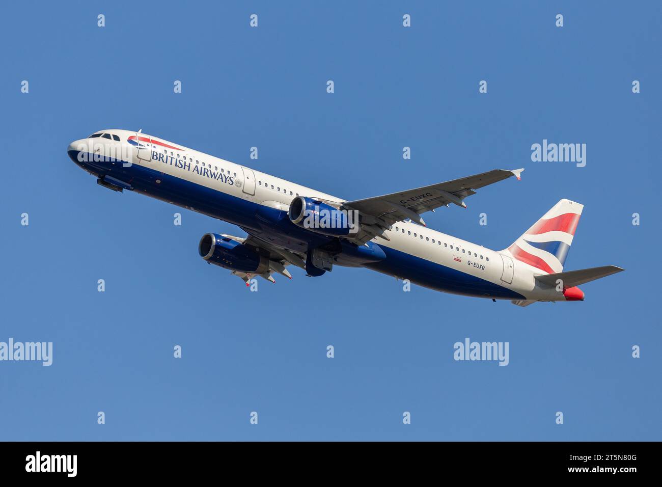 British Airways Airbus A321-231, registration G-EUXG departing west from London Heathrow airport ...