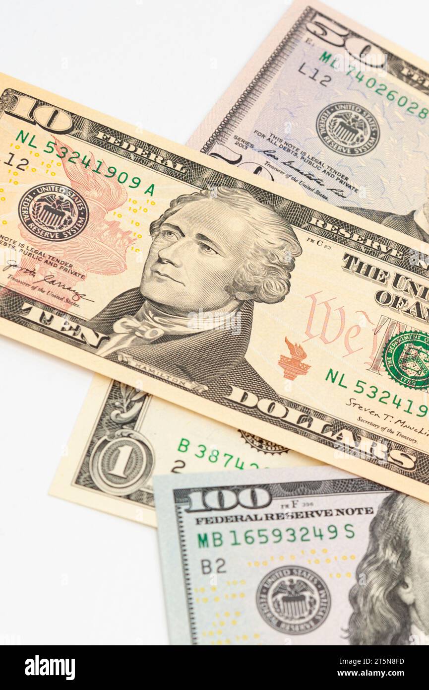 Bank notes of one, ten, fifty and 100 US dollars in top view isolated ...