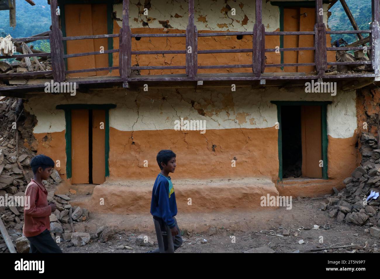 On November 5, 2023, in Jajarkot, Nepal. Children’s play outside the ...
