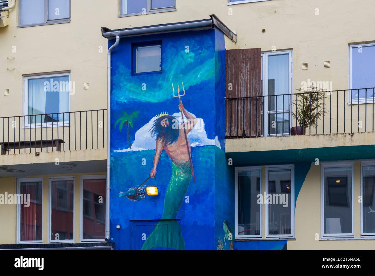 mural graffiti artwork of King Neptune on wall of building at Bodo ...