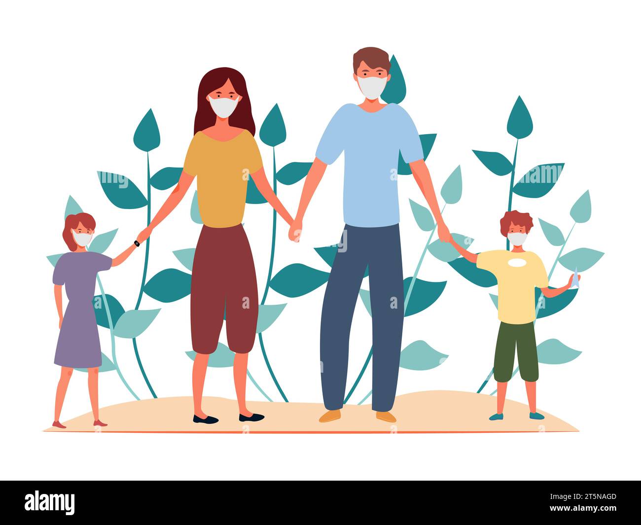 Family quarantine mask. Walk on a green background for lifestyle design ...