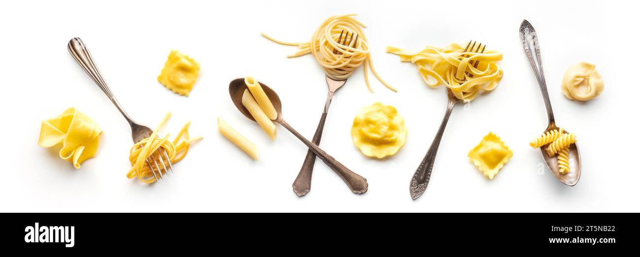 Various pasta forks panorama. Spaghetti, fusilli, penne and other ...