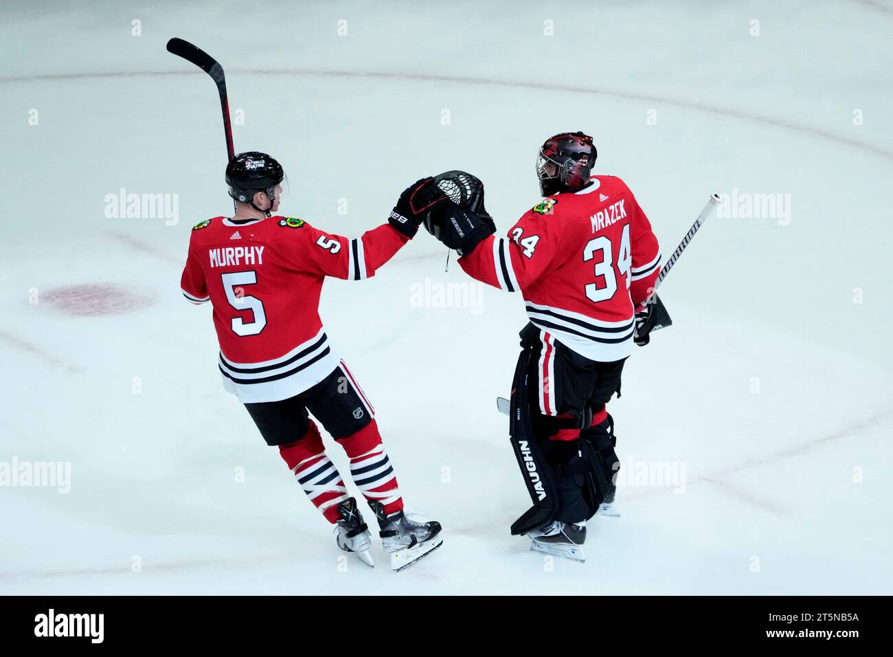 Chicago Blackhawks goaltender Petr Mrazek celebrates the team's win ...