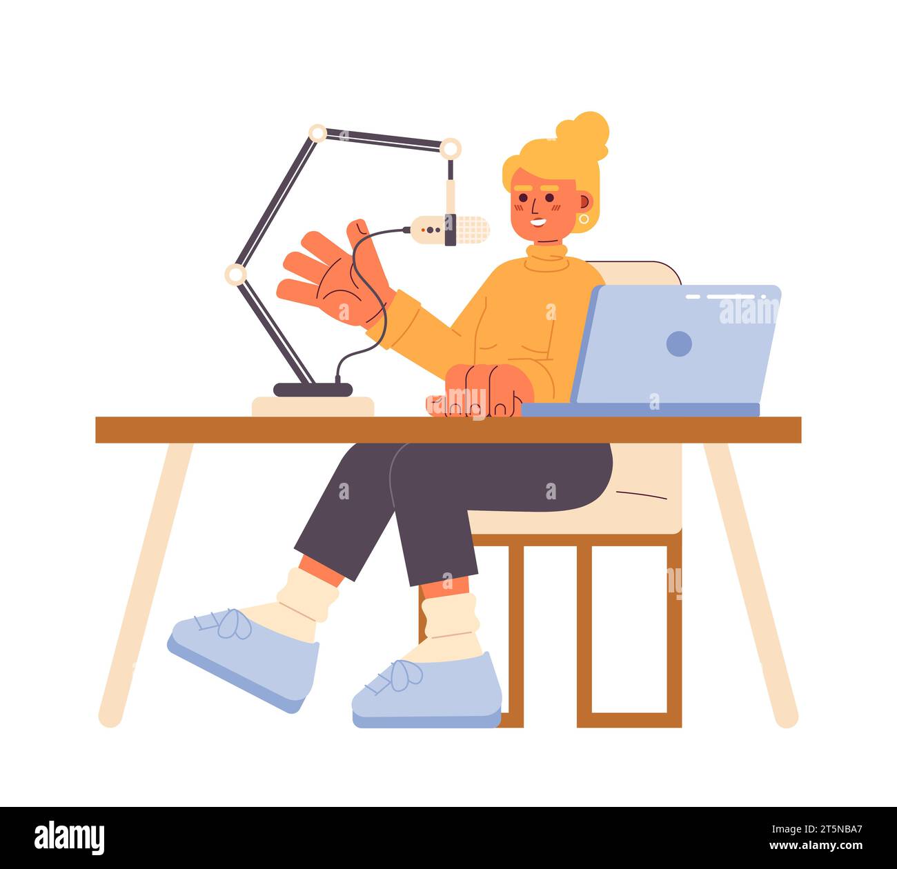 European woman speaking into mic stand notebook desk 2D cartoon ...