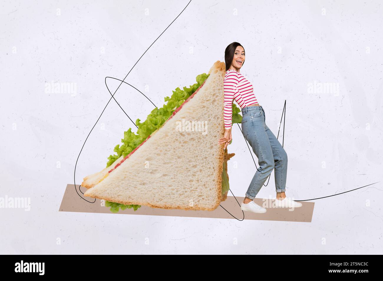 Creative collage image of funny young happy woman bringing huge ...