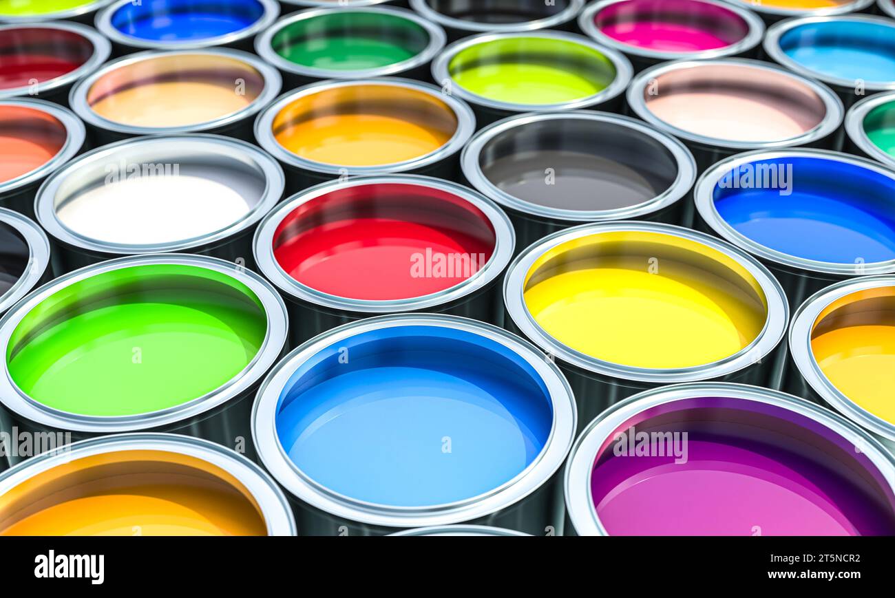 group of cans filled with coloured paint. 3d render Stock Photo - Alamy