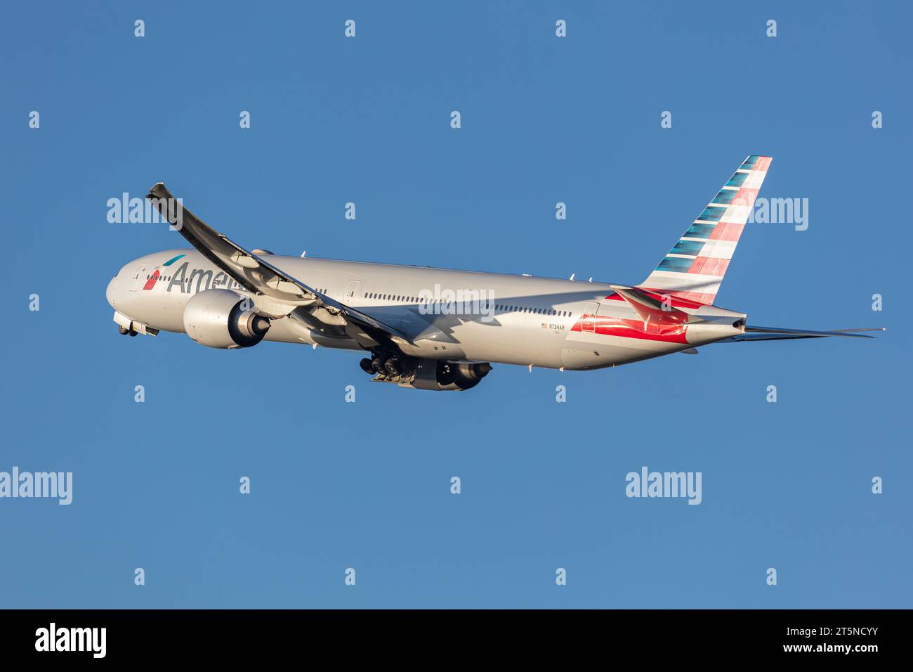 An American Airlines Boeing 777-323ER, registration N734AR climbing out ...