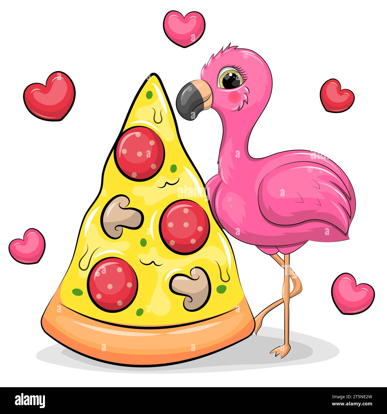 Cute cartoon pink flamingo with a big piece of pizza. Vector ...