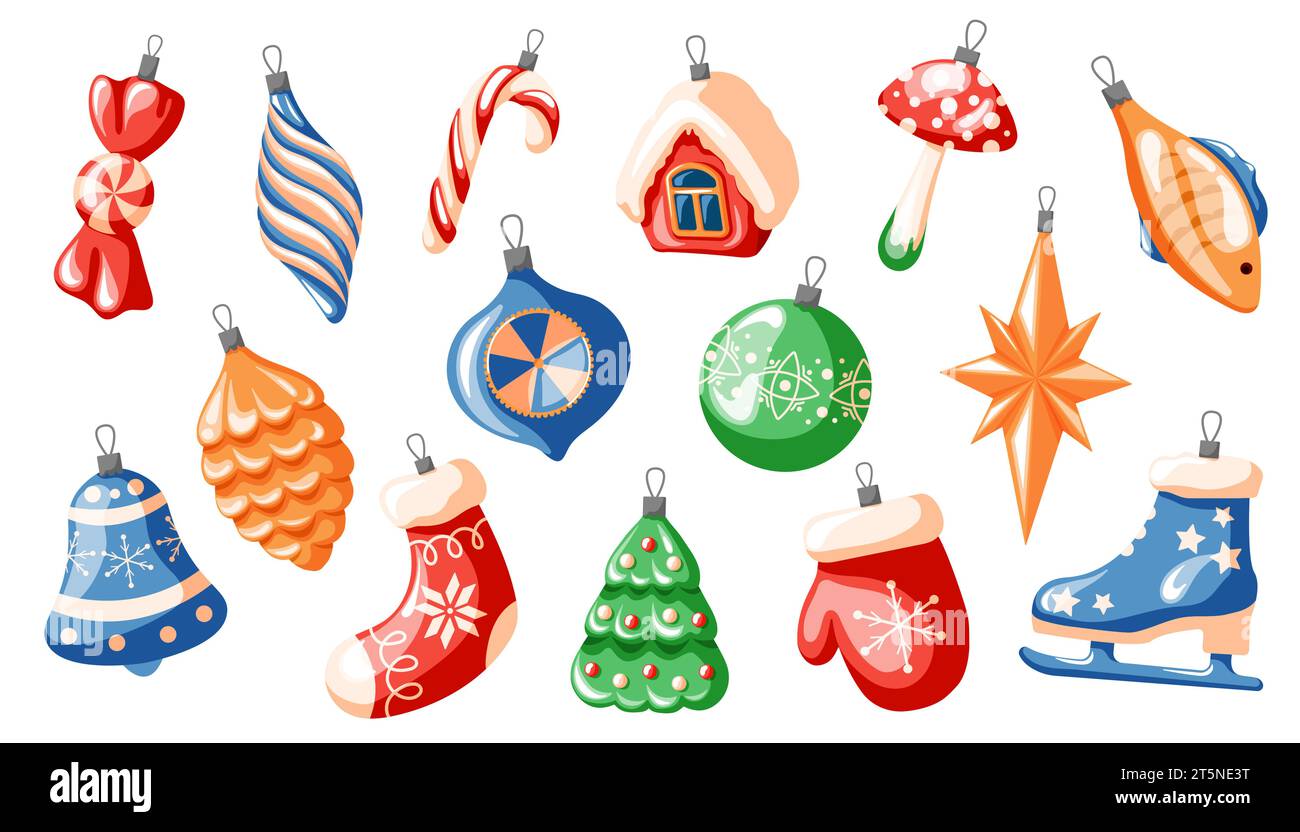 Christmas tree decorations set in cartoon style. Collection of New Year ...