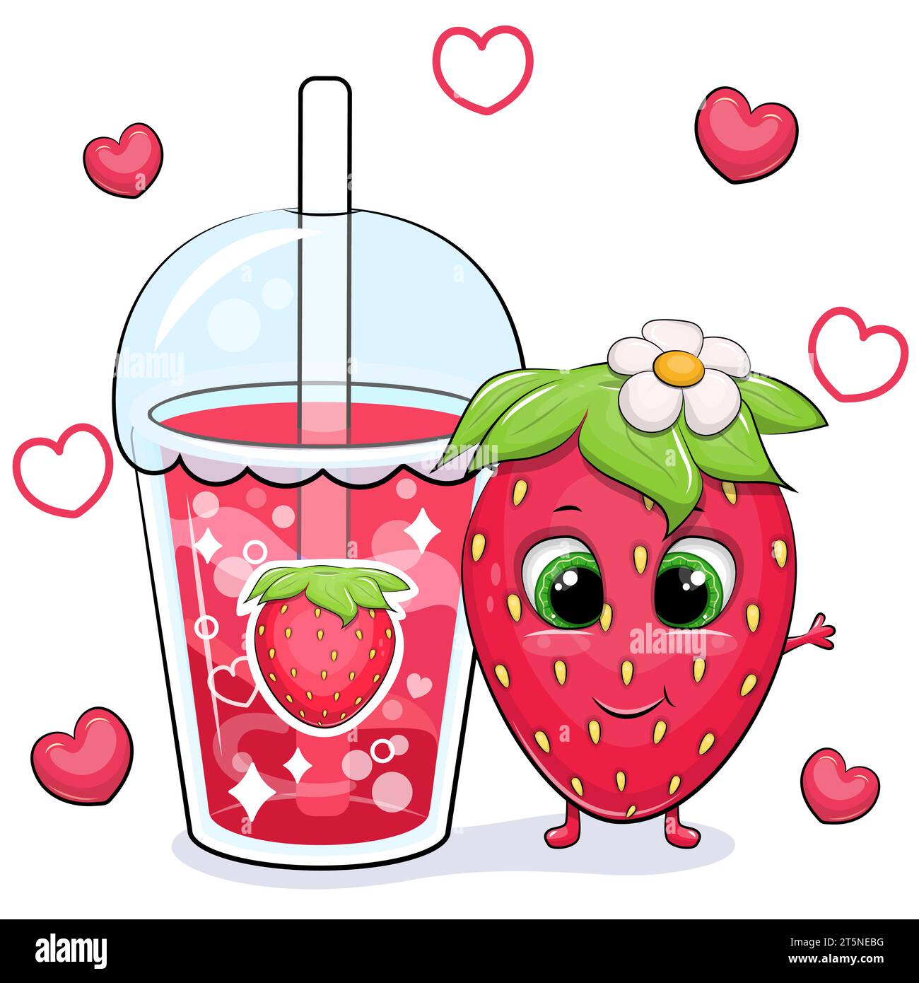 Cute cartoon strawberry with a big strawberry drink. Vector ...