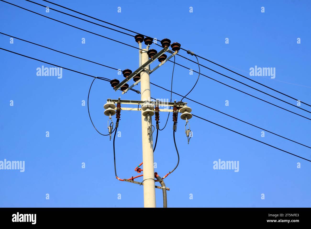 Telegraph poles under the blue sky, closeup of photo Stock Photo - Alamy