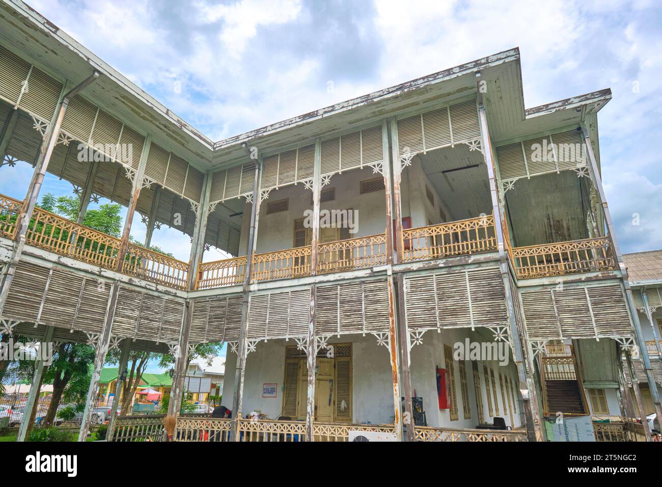 View of the old wood, worn, mix of colonial, tropical architecture ...