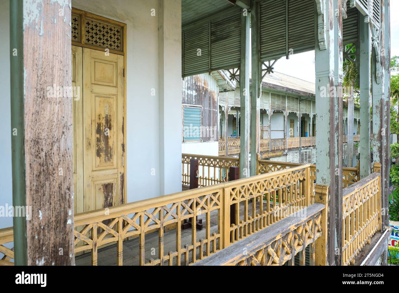 Porch, veranda view of the old wood, worn, mix of colonial, tropical ...
