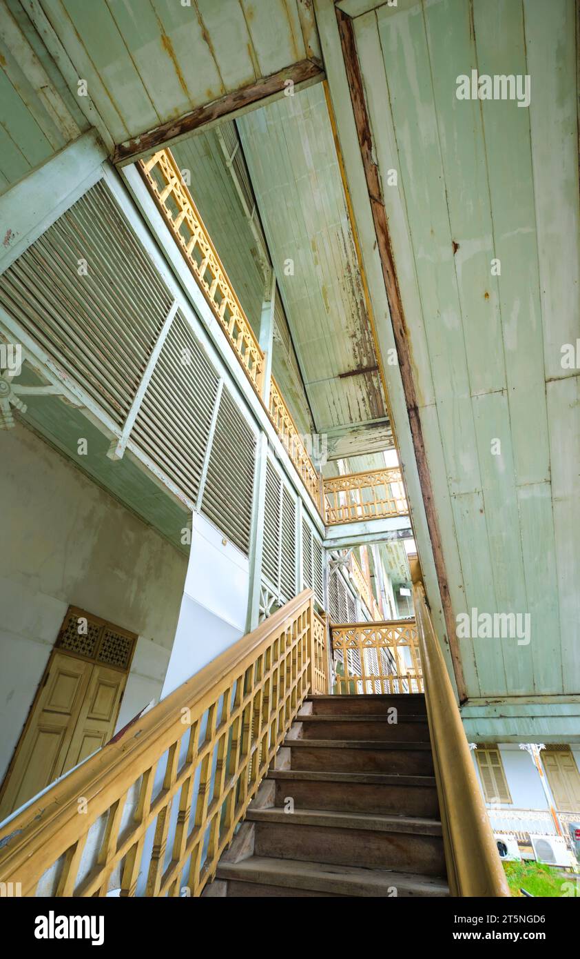 Detail of a staircase at the old wood, worn, mix of colonial, tropical ...