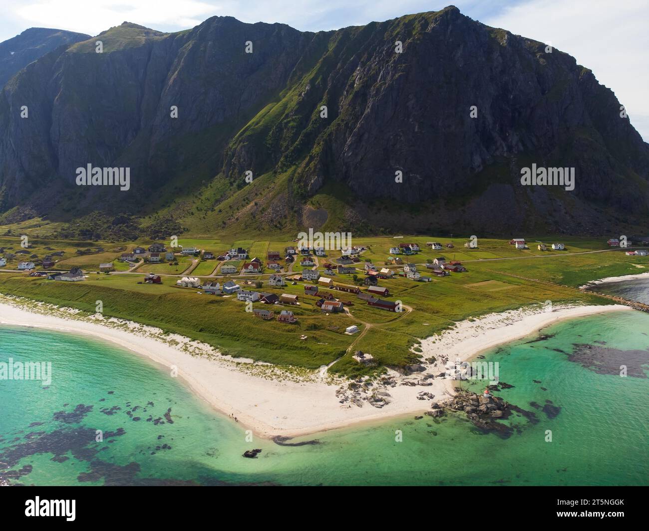 Aerial view of Eggum, a small village in Lofoten, Norway. White beach ...