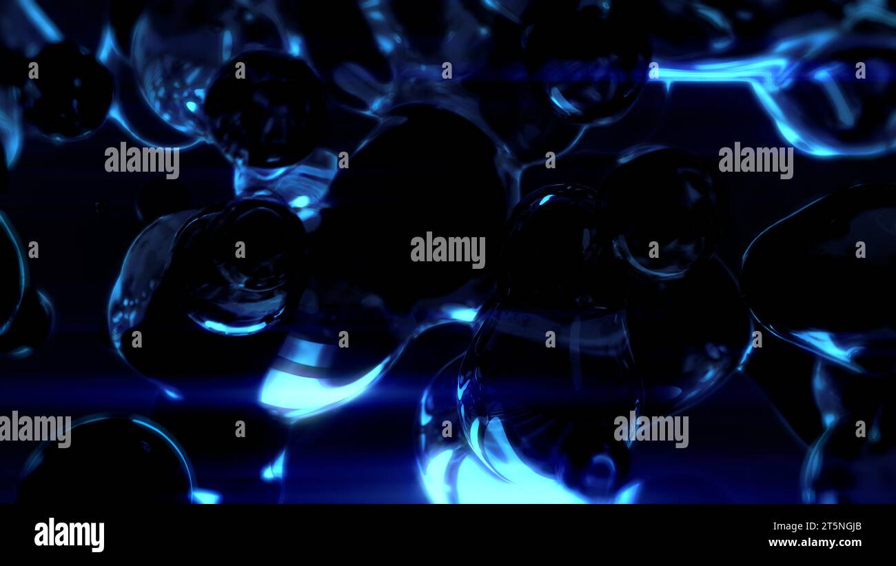 electrical blue shining diaphanous film spheres on black - abstract 3D ...