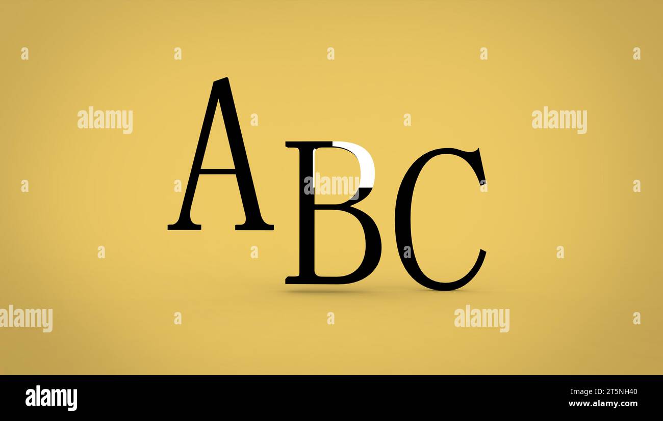ABC rendering letters on a yellow background, closeup of photo Stock ...