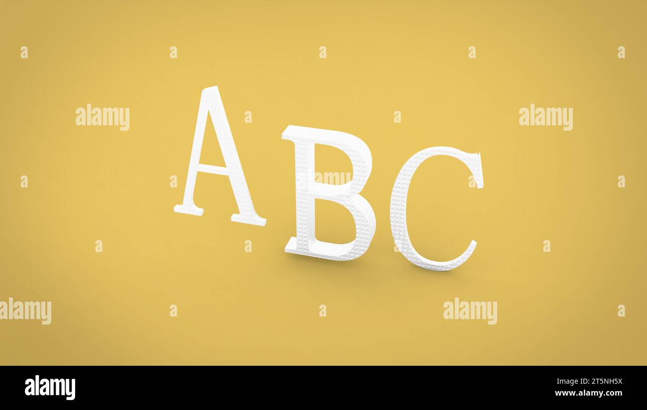 ABC rendering letters on a yellow background, closeup of photo Stock ...