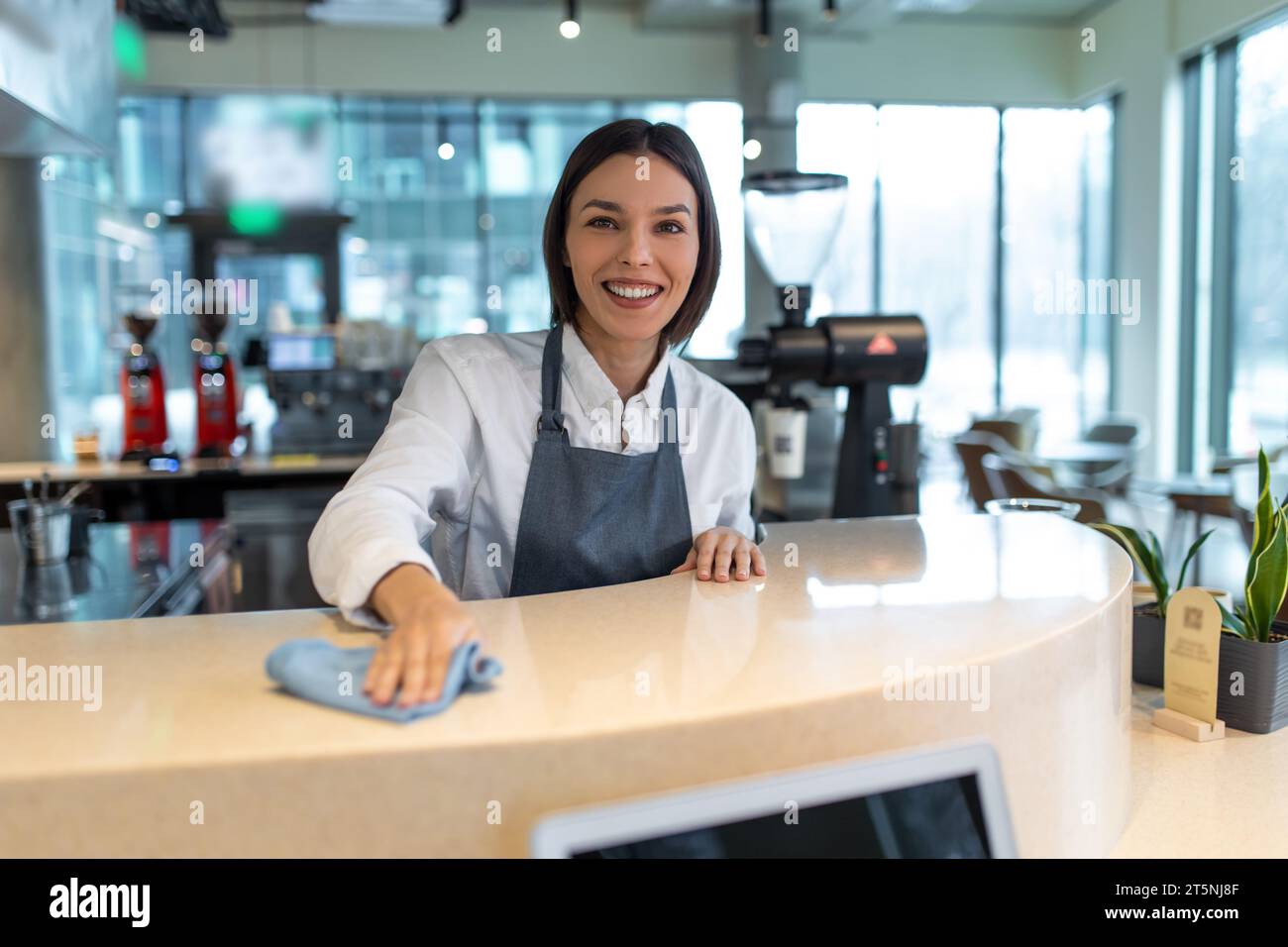 Coffee shop assistant at her working place looking contented and ...