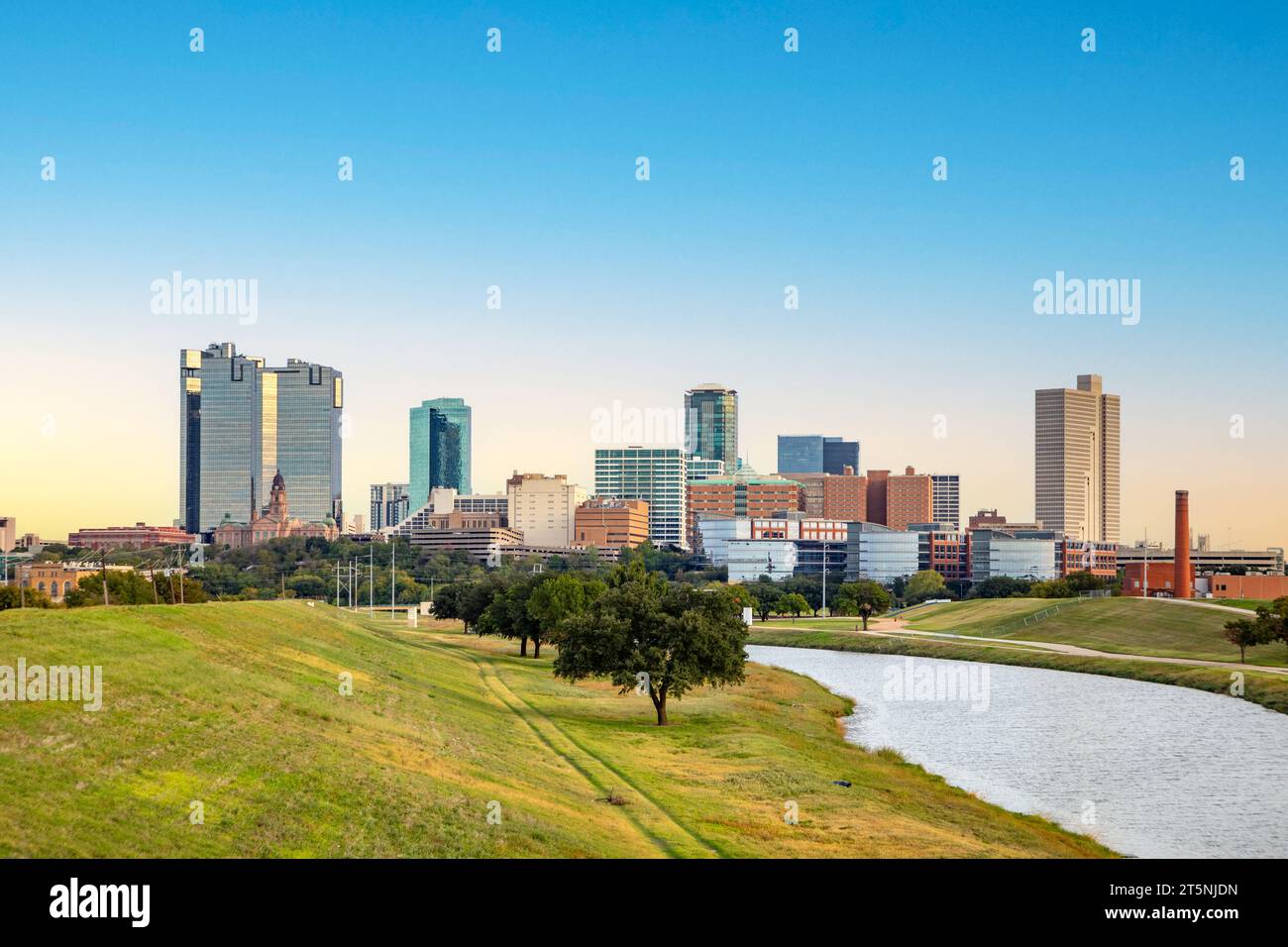 skyline of Fort worth seen from the river Trinity park, Texas, USA ...