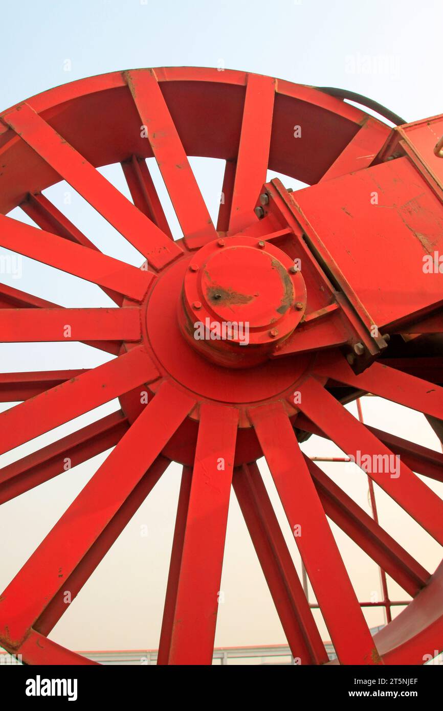 Red metal wheel, closeup of photo Stock Photo - Alamy