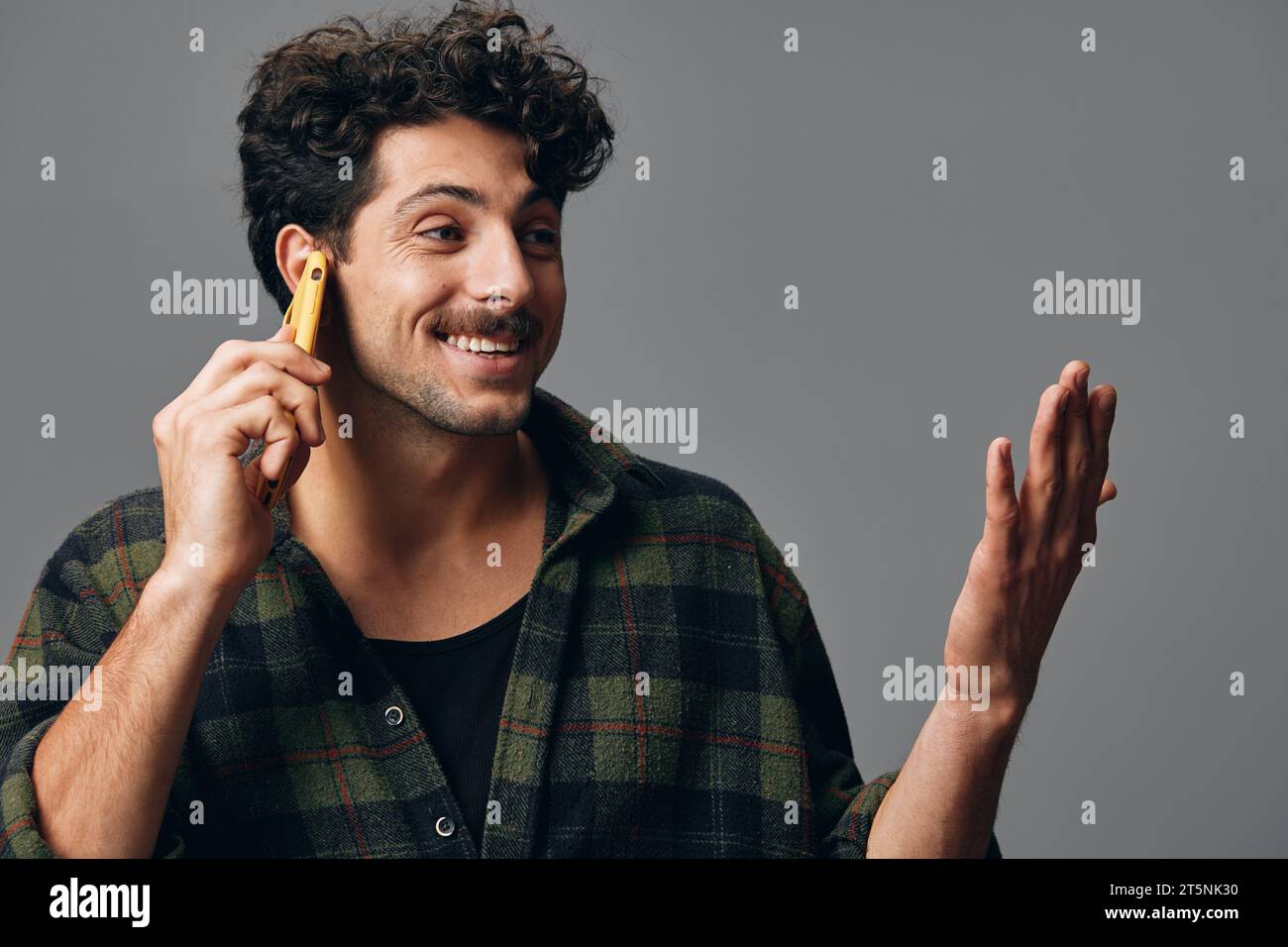 Happy man head closeup technology background smile phone adult ...