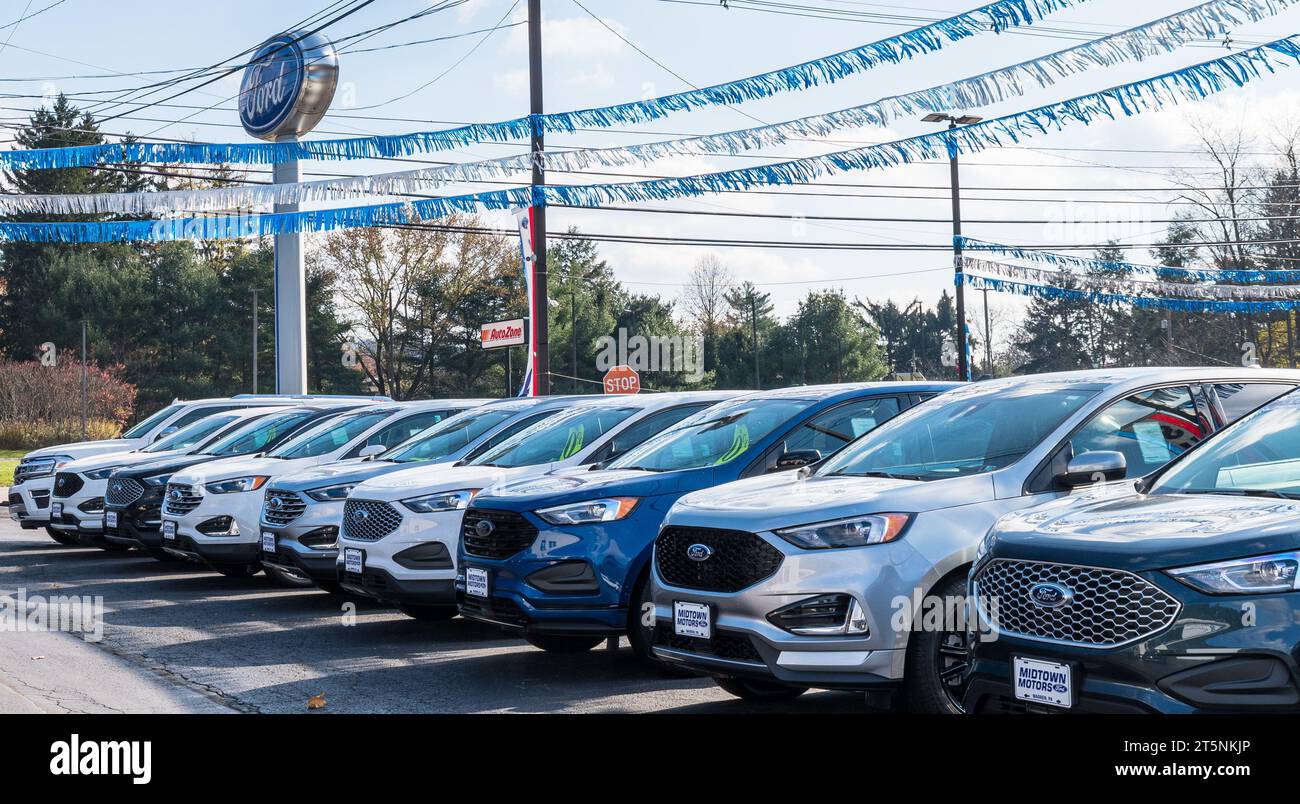 A line of new Ford vehicles for sale at a dealership in Warren ...