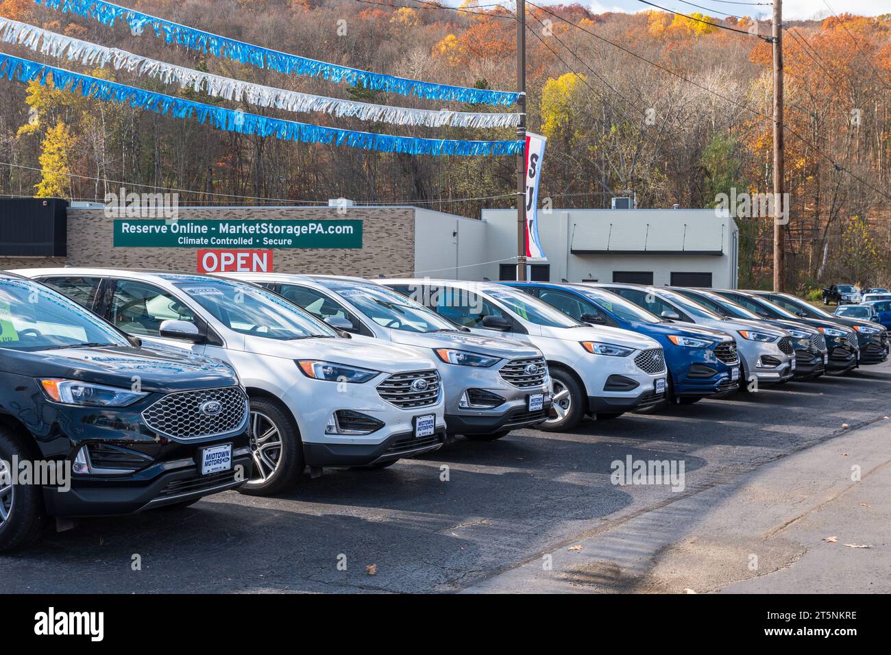 A line of new Ford vehicles for sale at a dealership in Warren ...