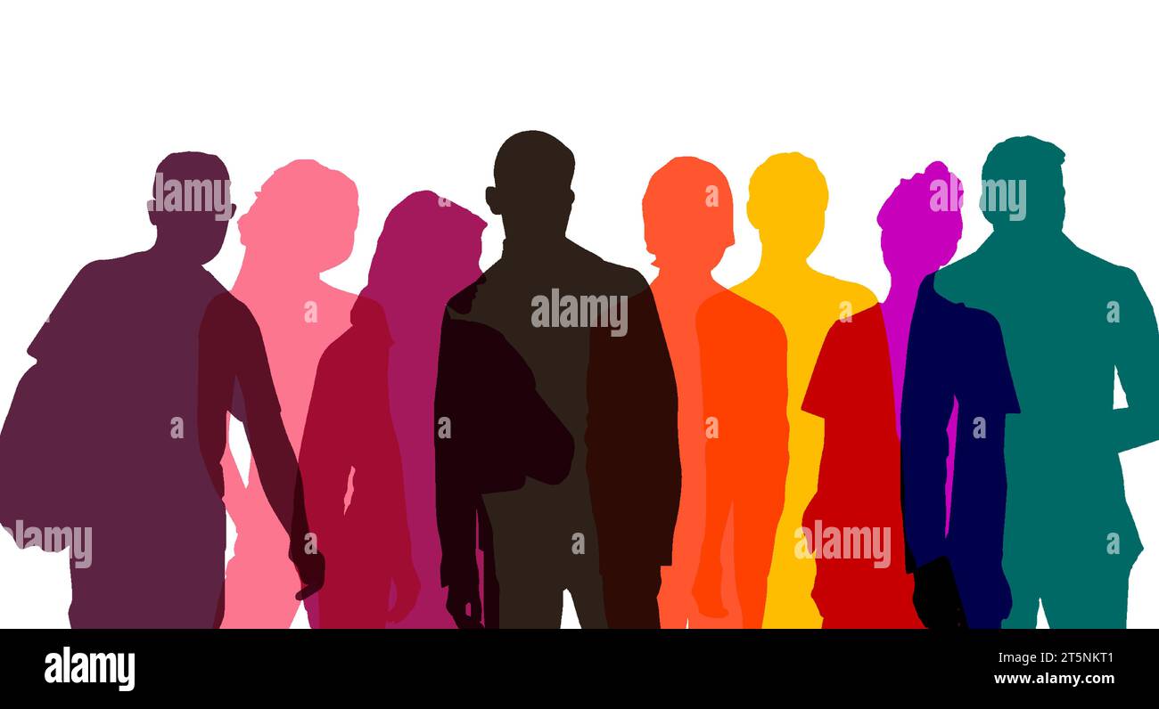 Multi-colored transparent silhouettes of men and women, multiply mode ...