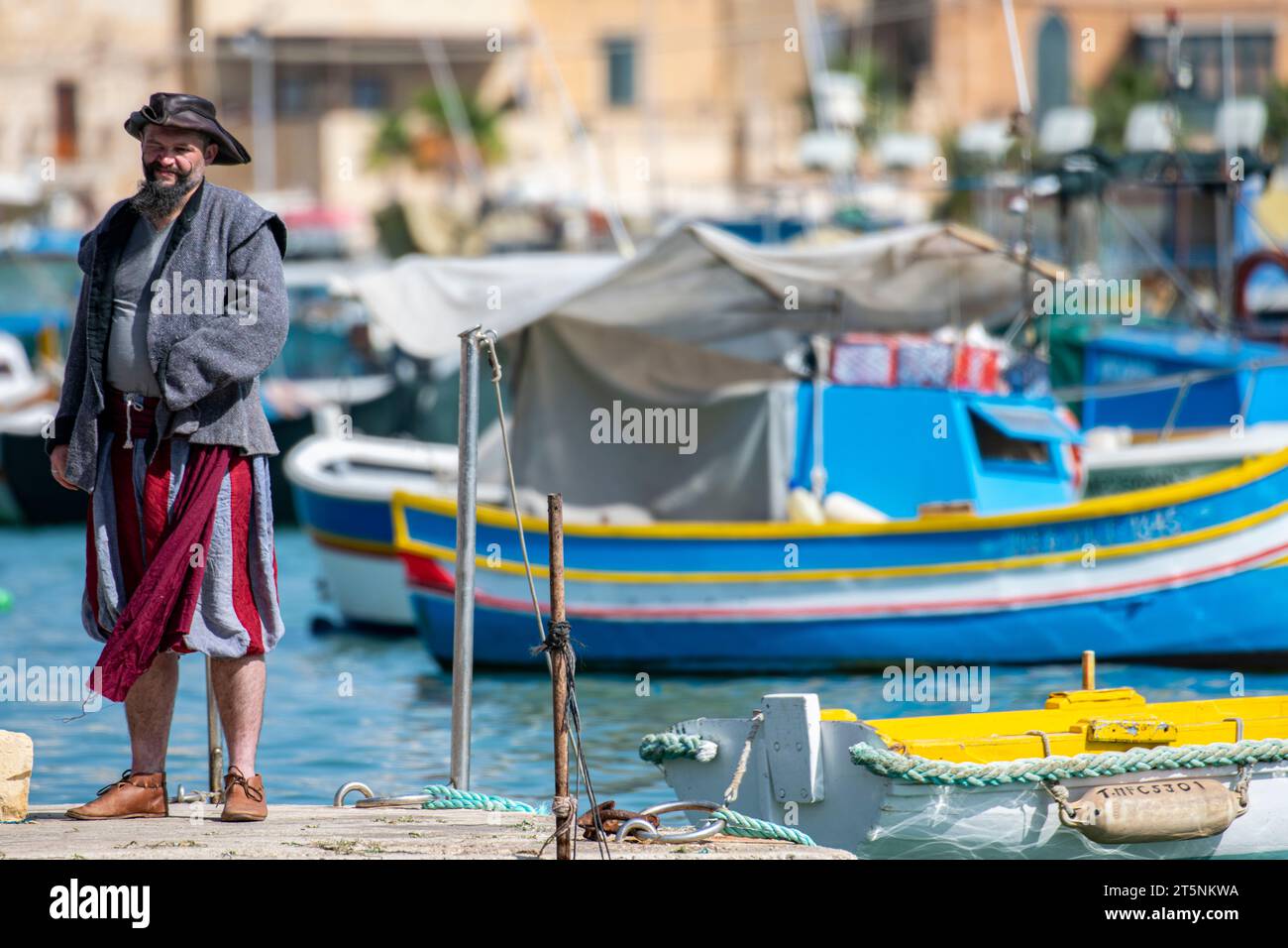 A man dressed as a pirate in the village of Masaxlokk in malta Stock ...