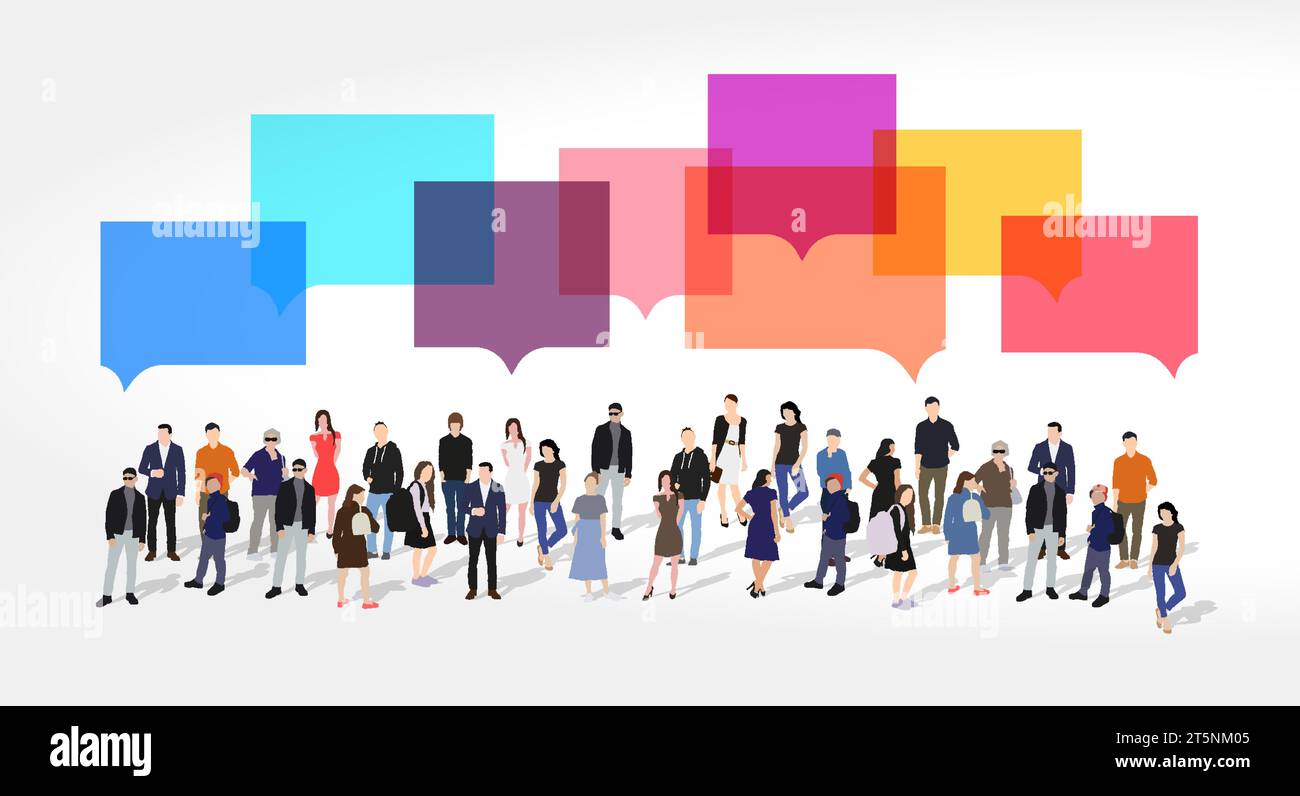 Large group of people with a square chat speech bubbles. Social ...