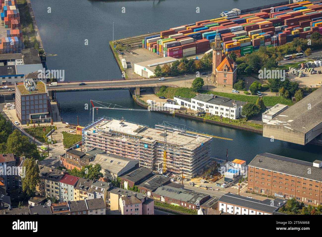 Aerial view, Dortmund harbor, old harbor office with tower ...