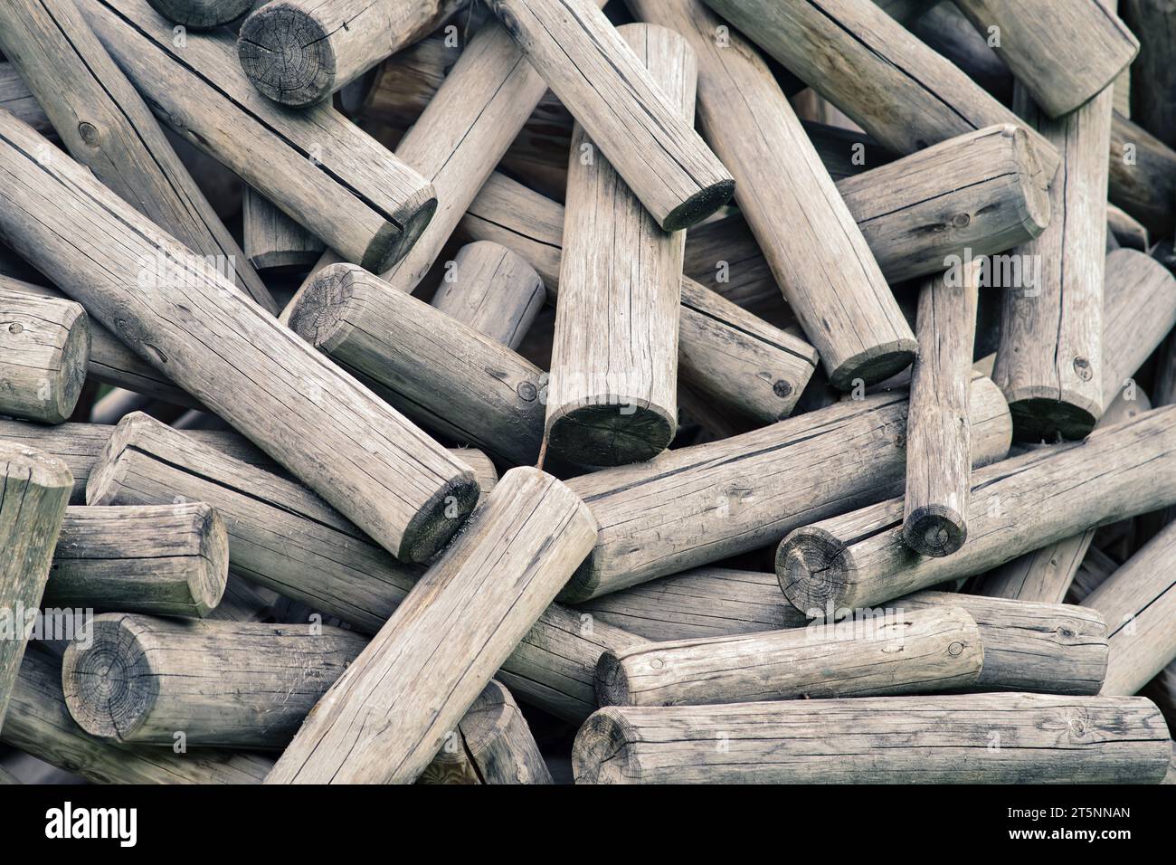 The log pile, with its rough and organic appearance, blends ...