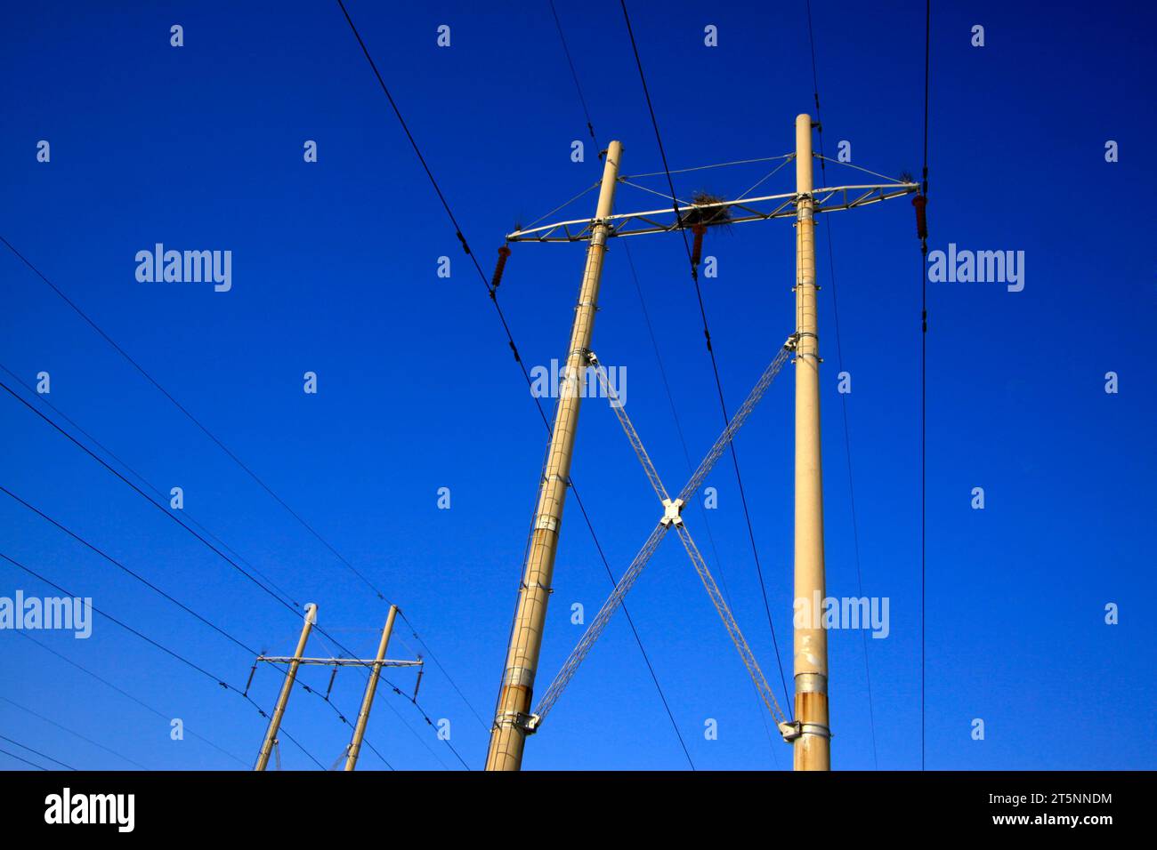 telegraph poles in the blue sky background, closeup of photo Stock ...