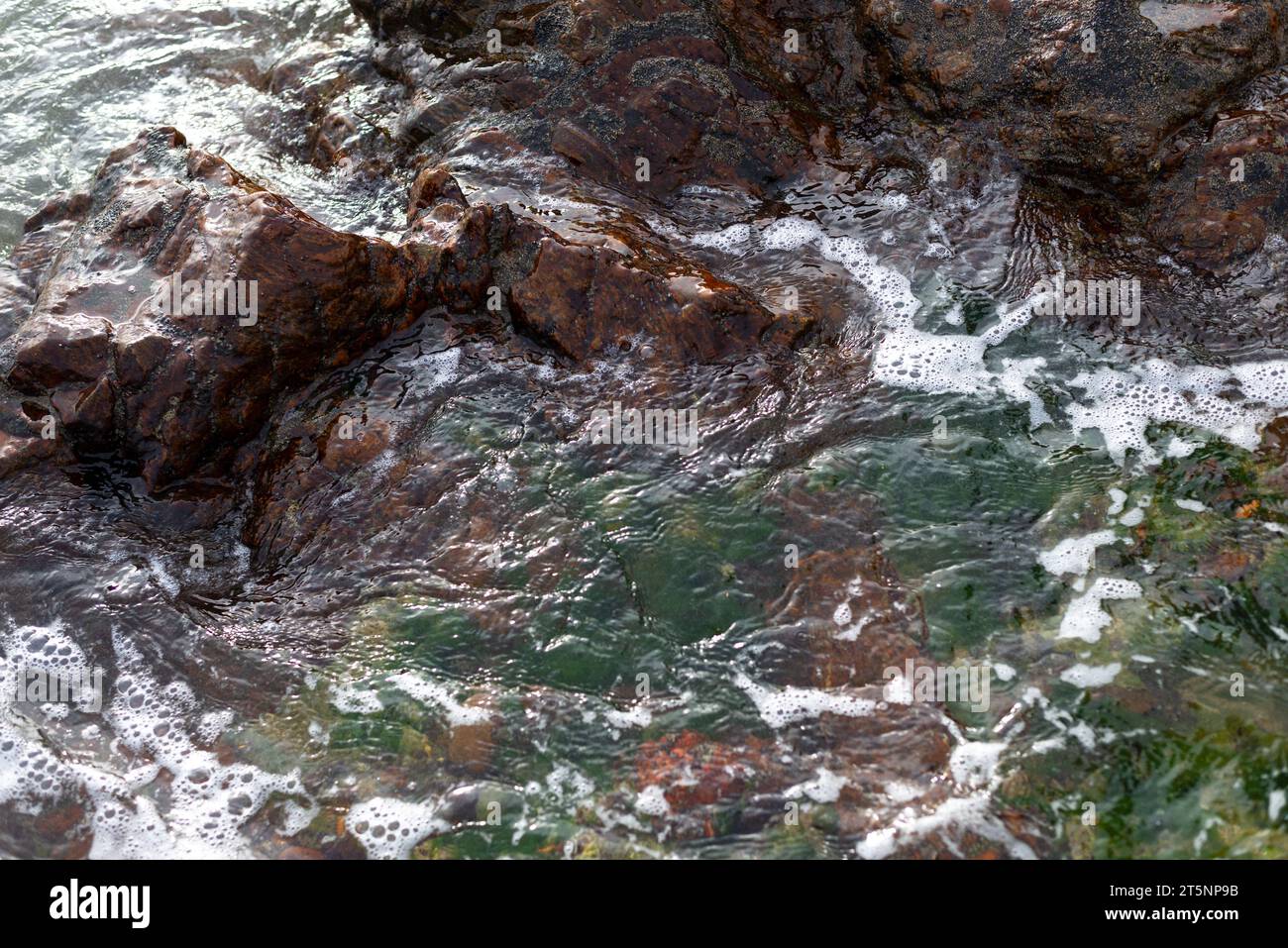 Sea water covering dark beach rocks. Preserved environment Stock Photo ...