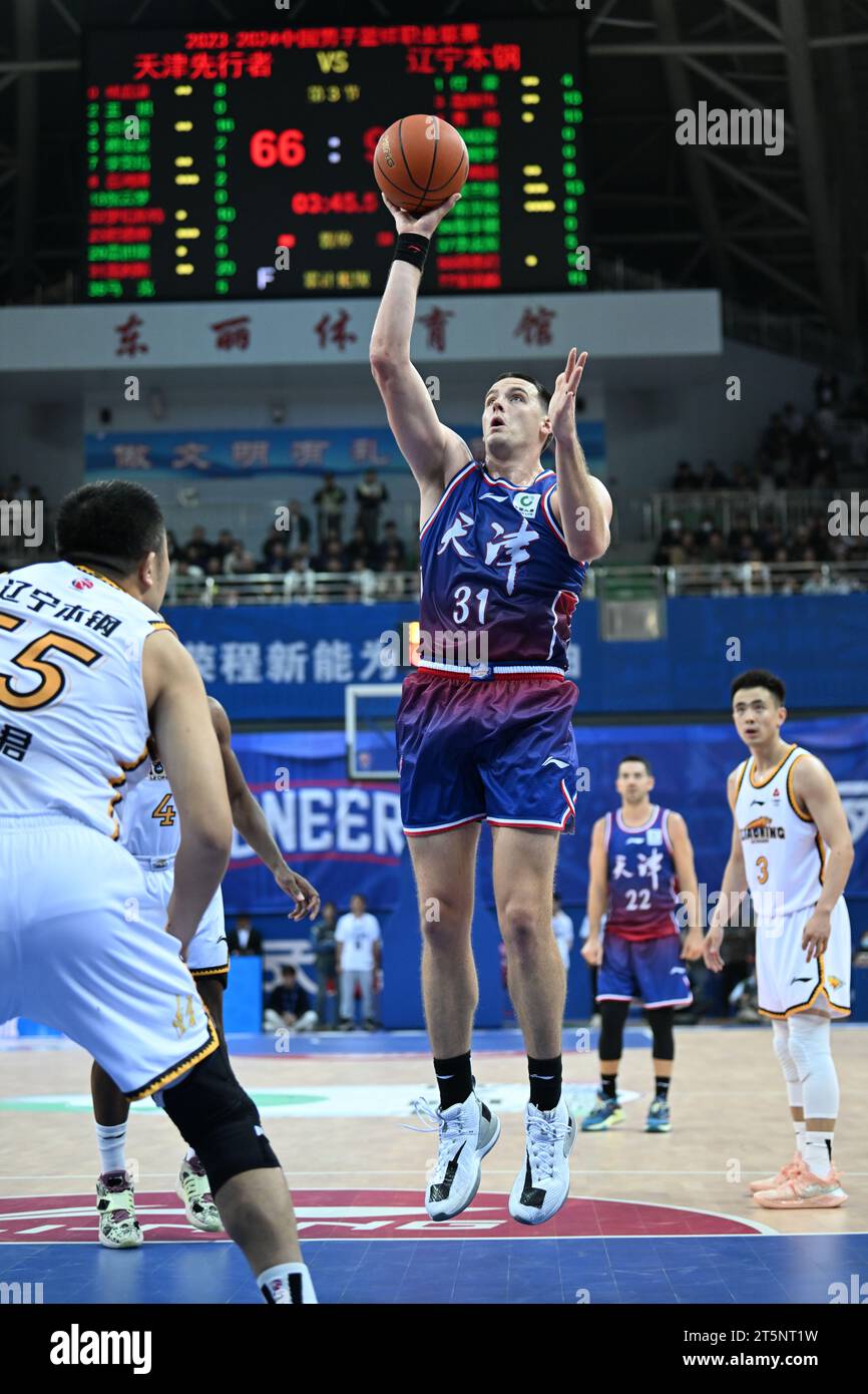 Tianjin. 6th Nov 2023. David James C of Tianjin Pioneers shoots during the 7th round match between Tianjin Pioneers and Liaoning Flying Leopards at 2023 2024 season of the Chinese Basketball Associati...