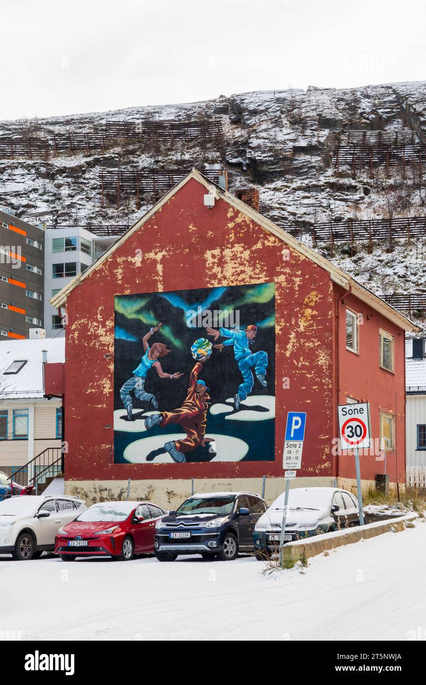 mural graffiti artwork on wall on facade of building at Hammerfest ...
