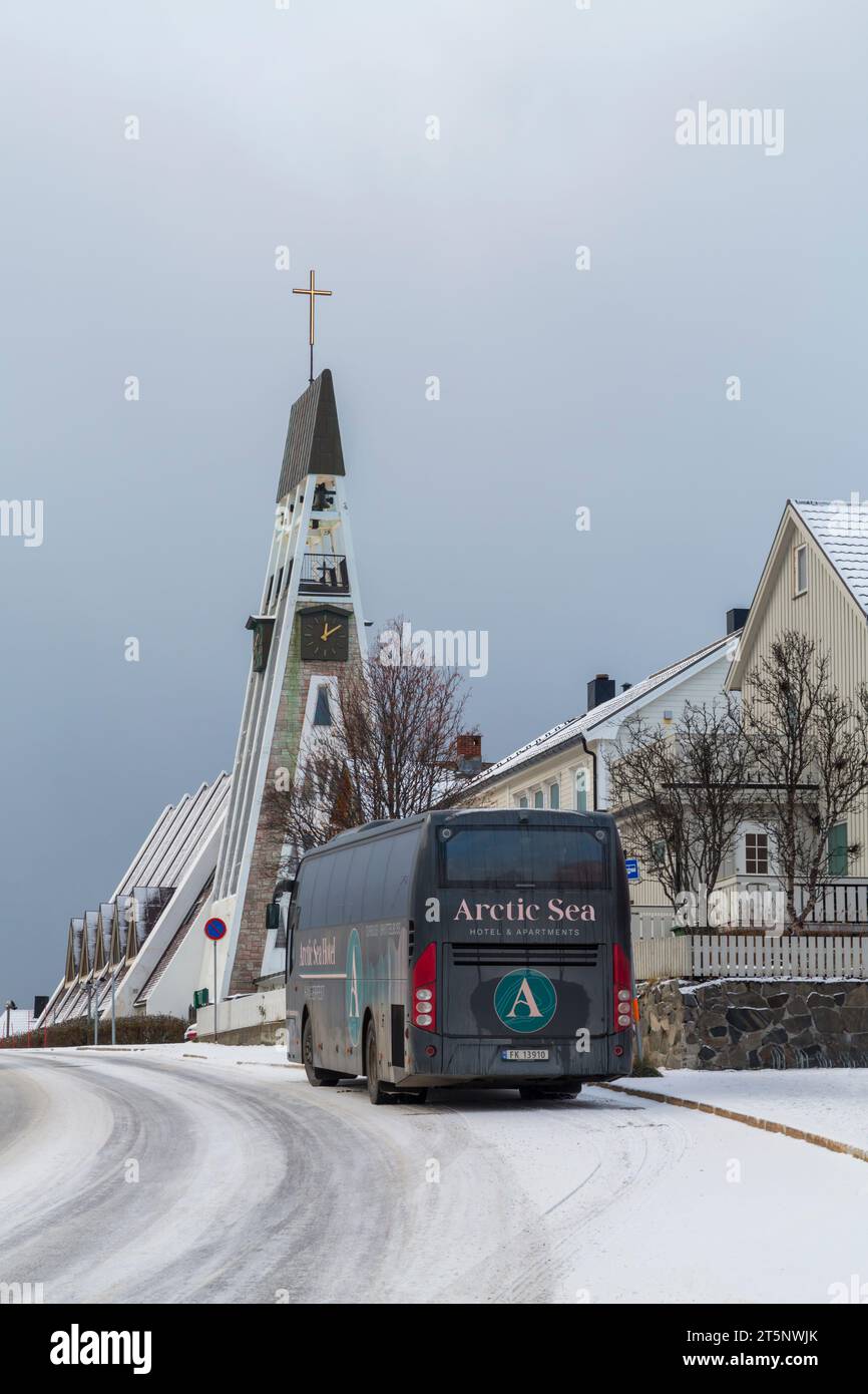 Hammerfest church and Arctic Sea coach bus at Hammerfest, Norway ...
