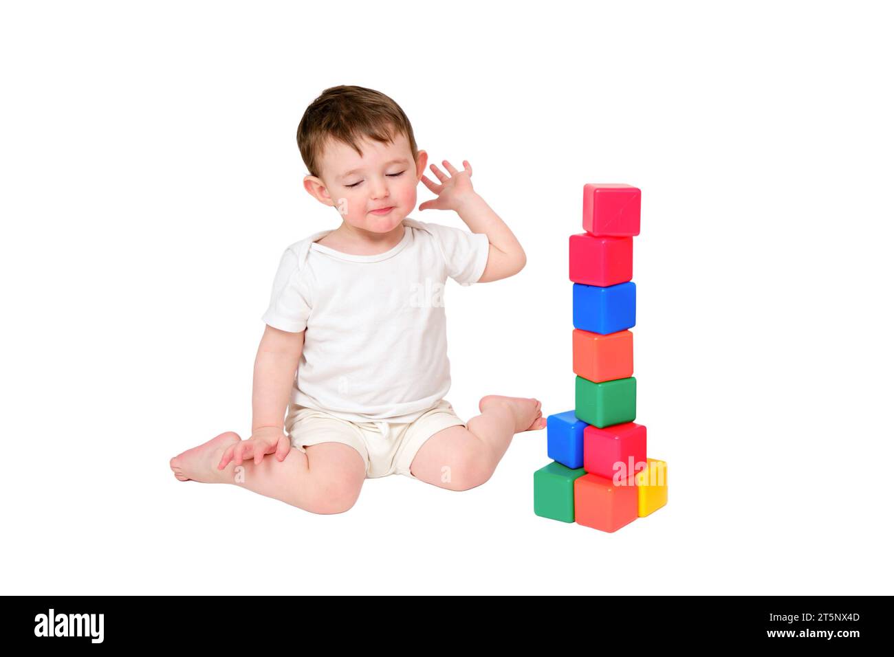 Happy baby play educational toys on studio, isolated on white ...