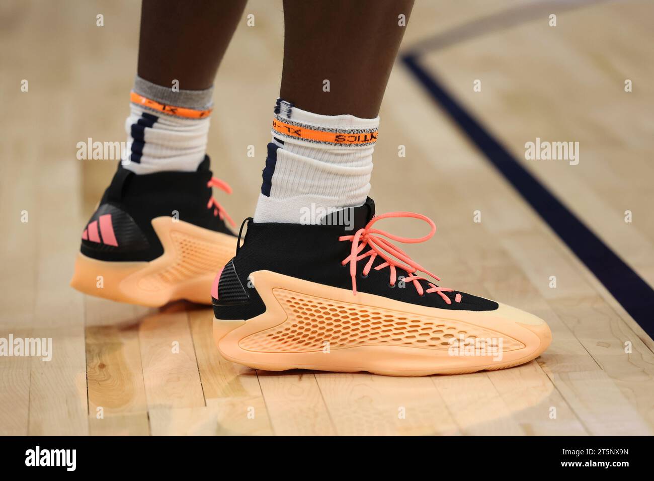 A detail view of Minnesota Timberwolves guard Anthony Edwards' shoes ...