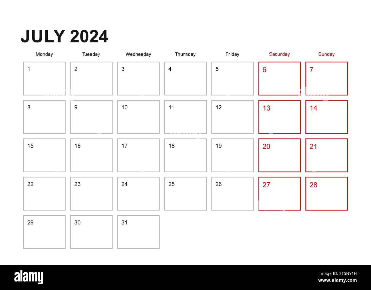 Wall planner for July 2024 in English language, week starts in Monday ...