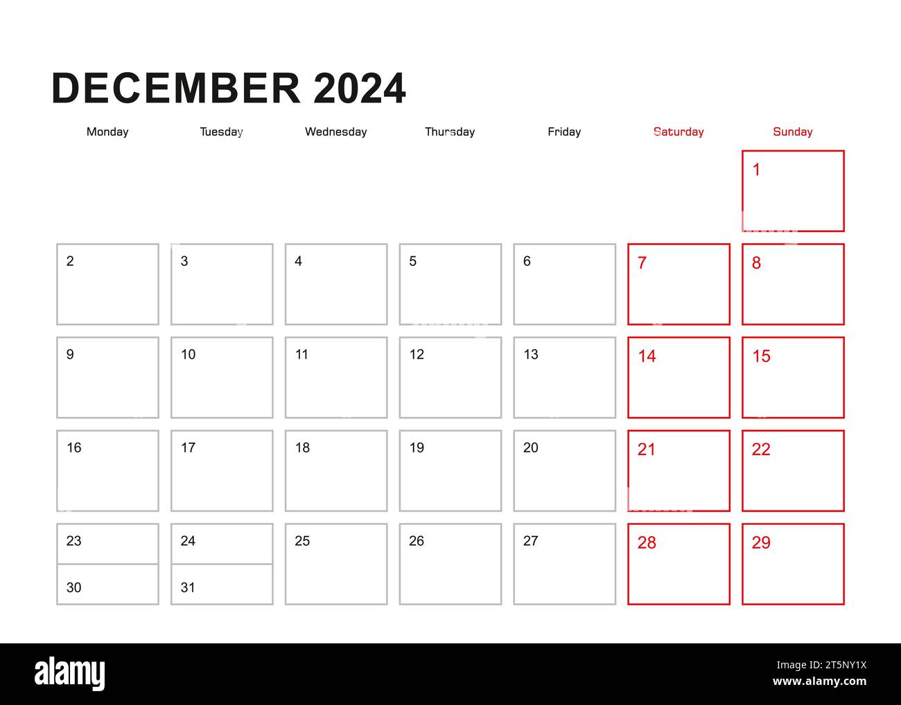 Wall planner for December 2024 in English language, week starts in ...