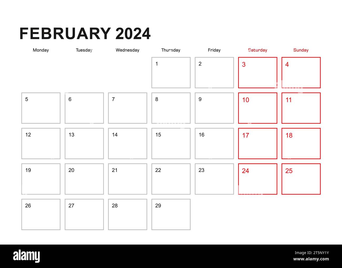 Wall planner for February 2024 in English language, week starts in ...