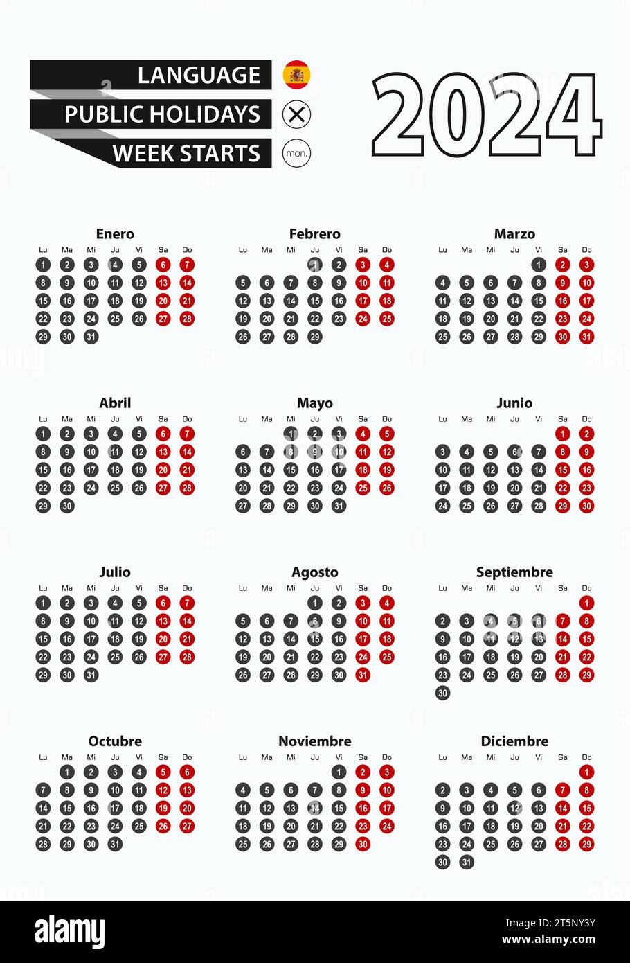 Vector template calendar 2024 with number in circles, simple Spanish ...