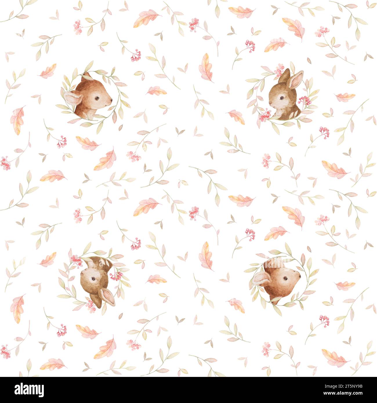 Seamless Pattern Deer and Rabbit, Watercolor Forest Animals, Boho Baby ...