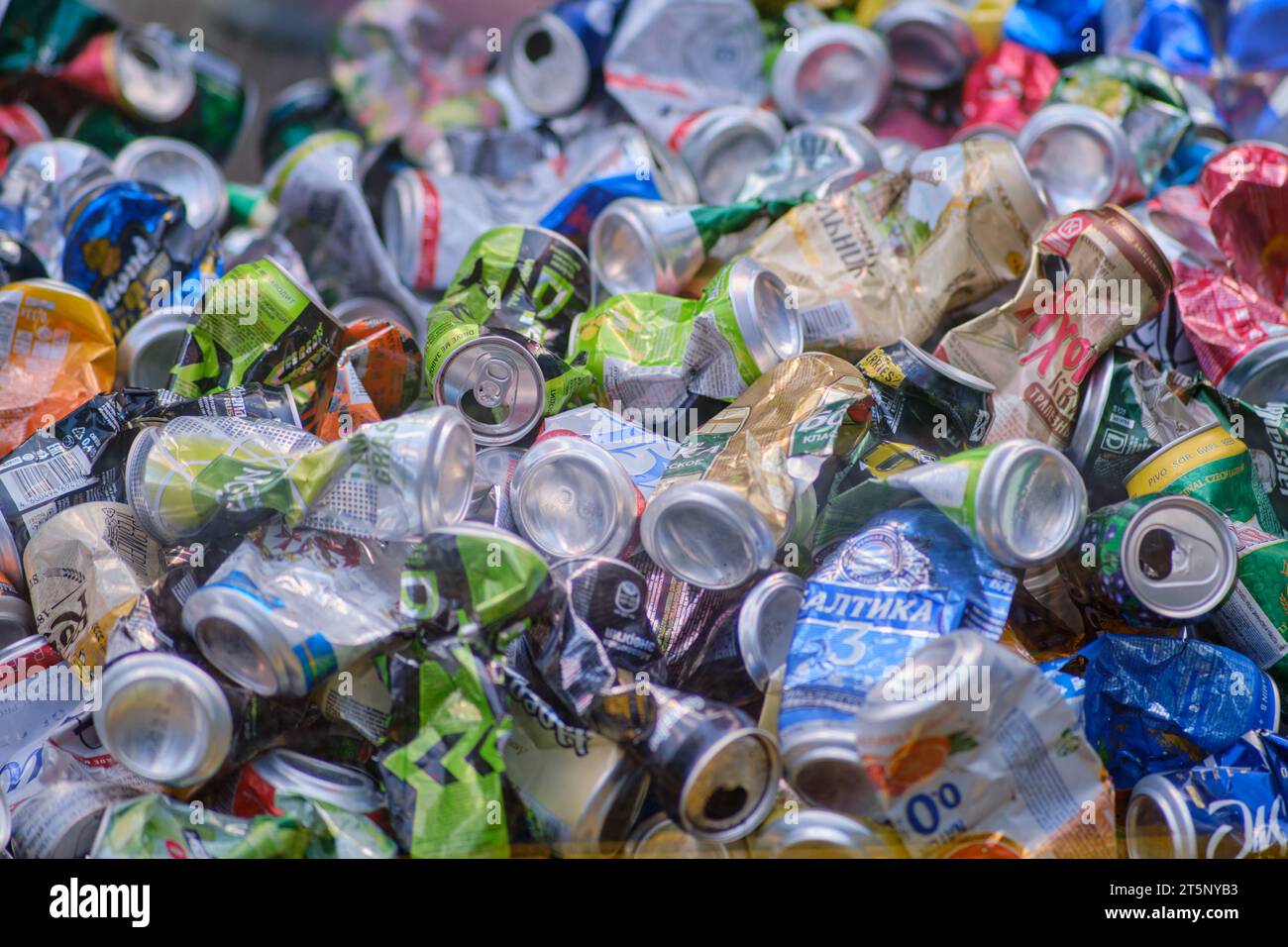 Crumpled cans of household waste in the garbage dump - Moscow, Russia ...